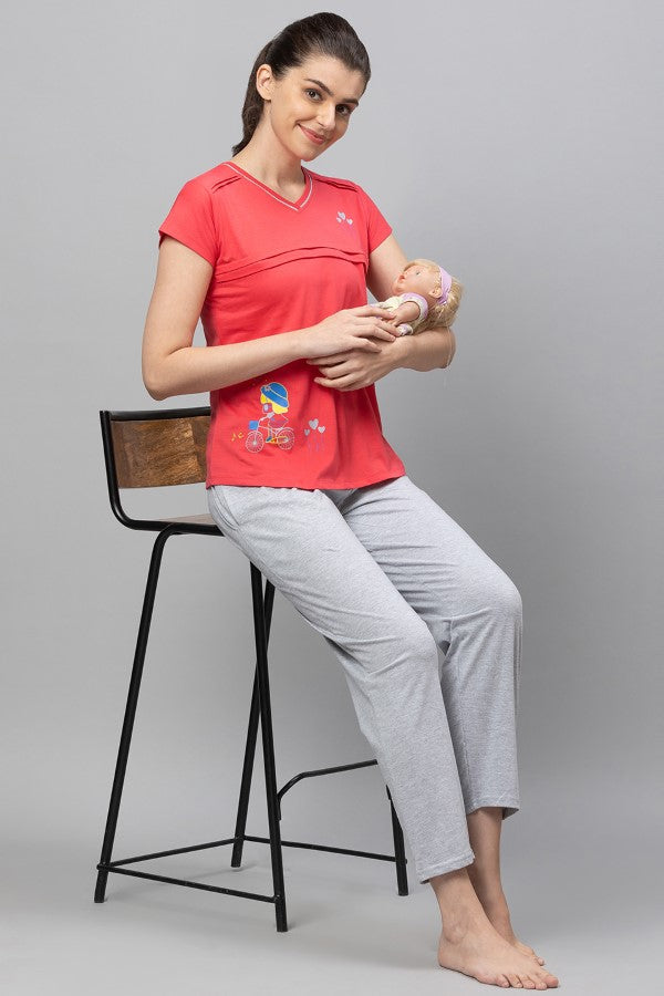 AV2 Women Cotton Solid Feeding/Nursing/Maternity Top & Pyjama Set RED